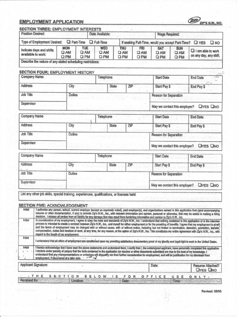 Zips Employment Application | PDF