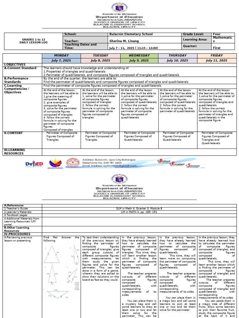 DLL - Mathematics q1 Week 4 | PDF | Rectangle | Shape
