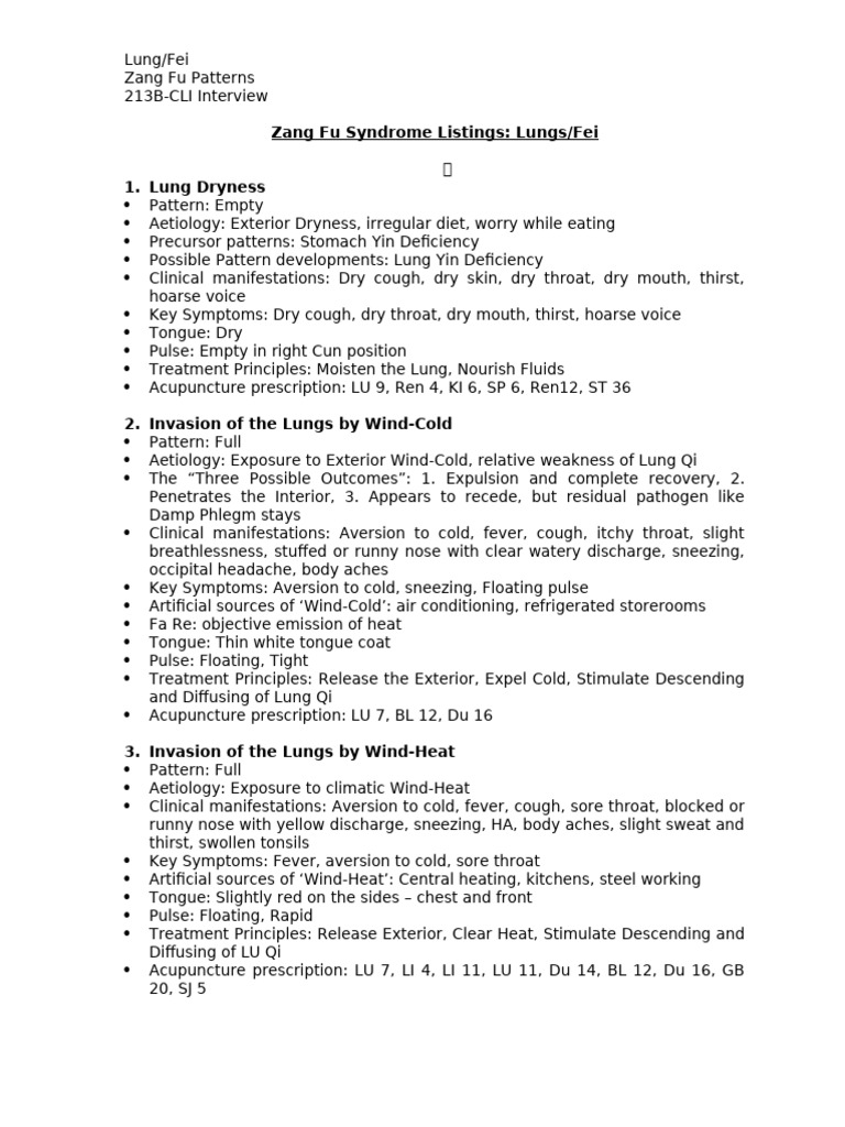 Lung Zang Fu Patterns Overview | PDF | Cough | Traditional Chinese Medicine