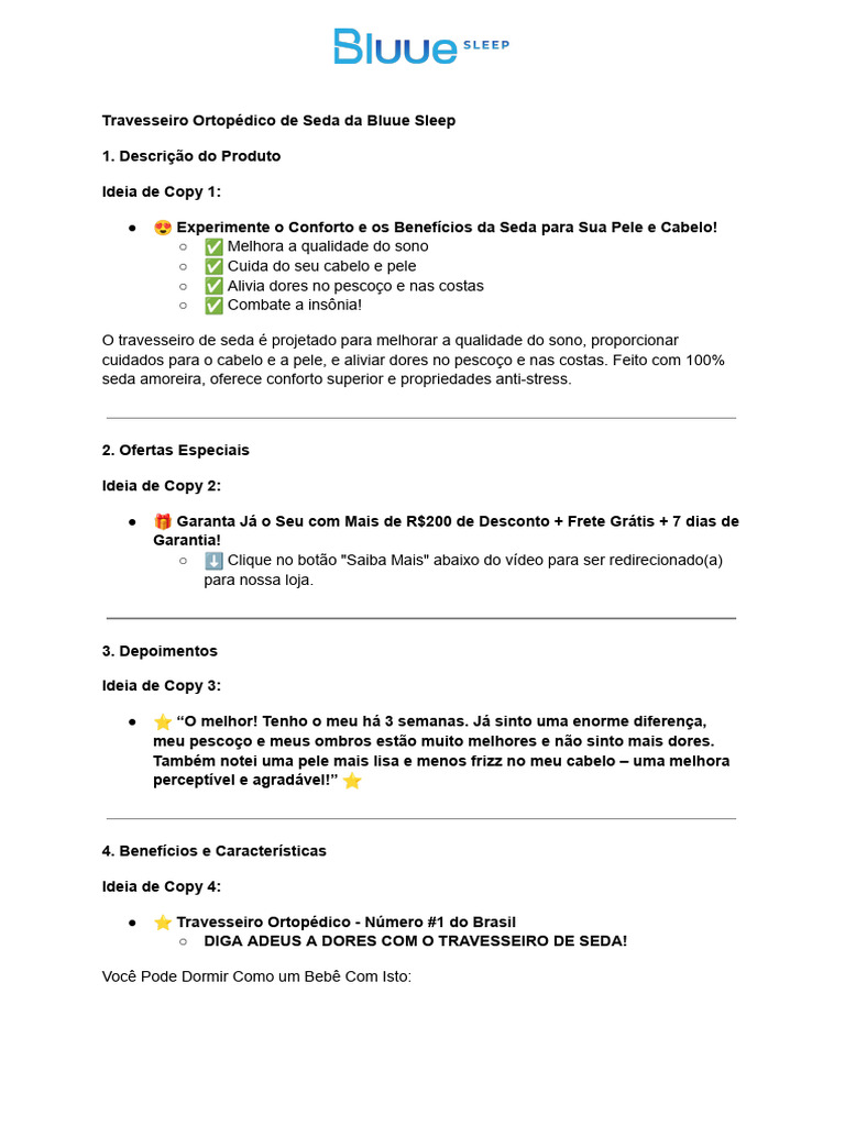 Travesseiro Ortopédico de Seda Bluue Sleep | PDF