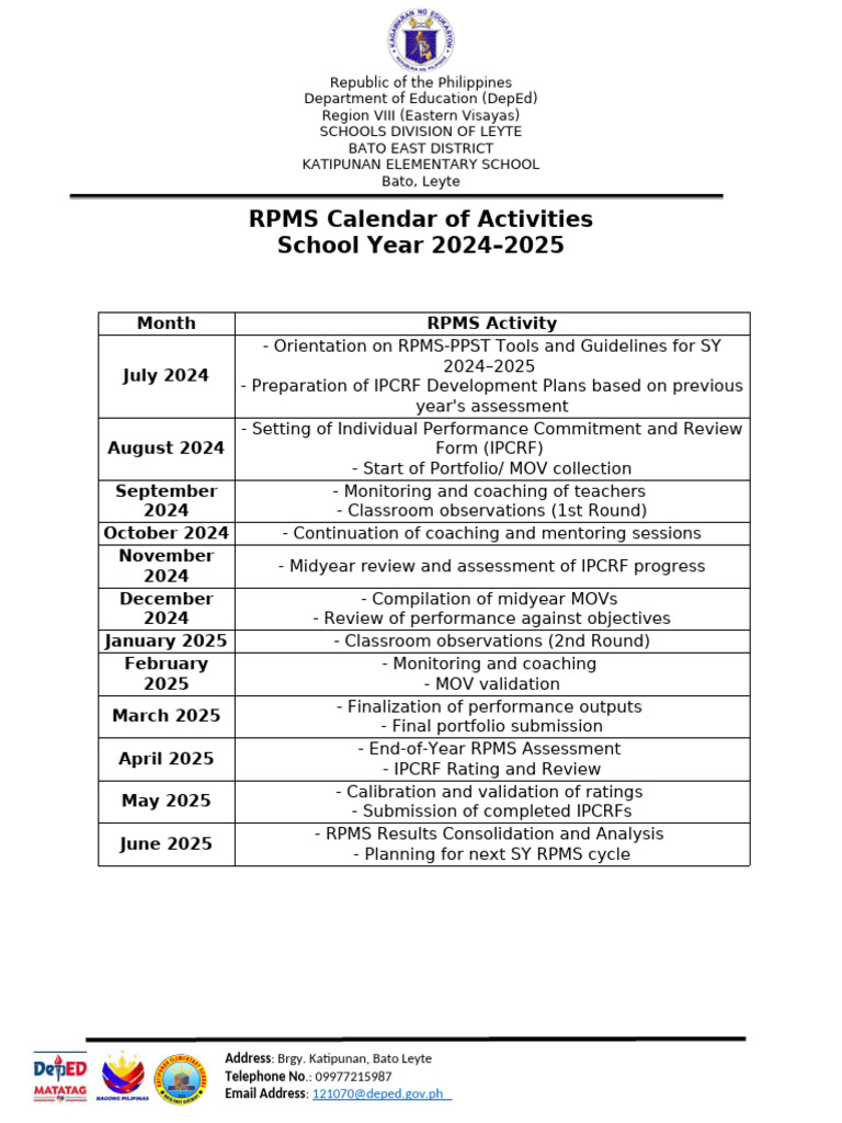 RPMS Calendar 2024-2025 Activities | PDF