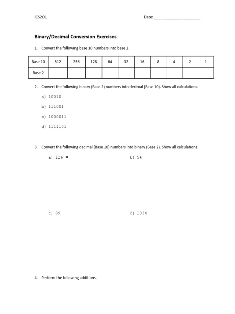 Binary Numbers Exercise | PDF