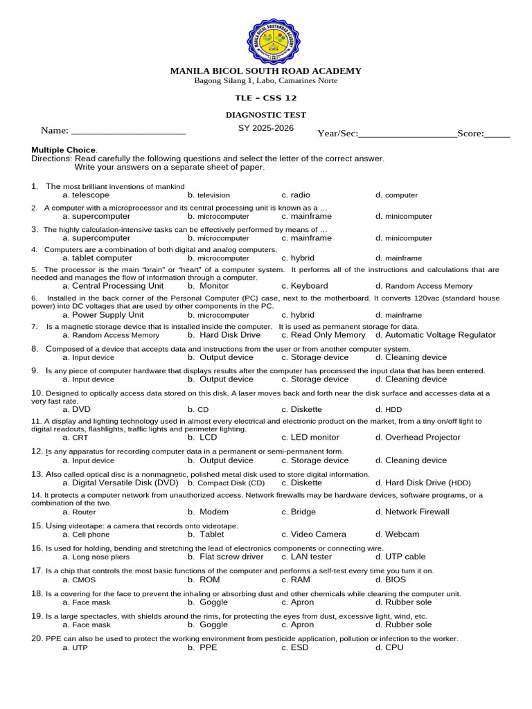 TLE CSS 12 Diagnostic Test 2025-2026 | PDF | Microcomputers | Disk Storage