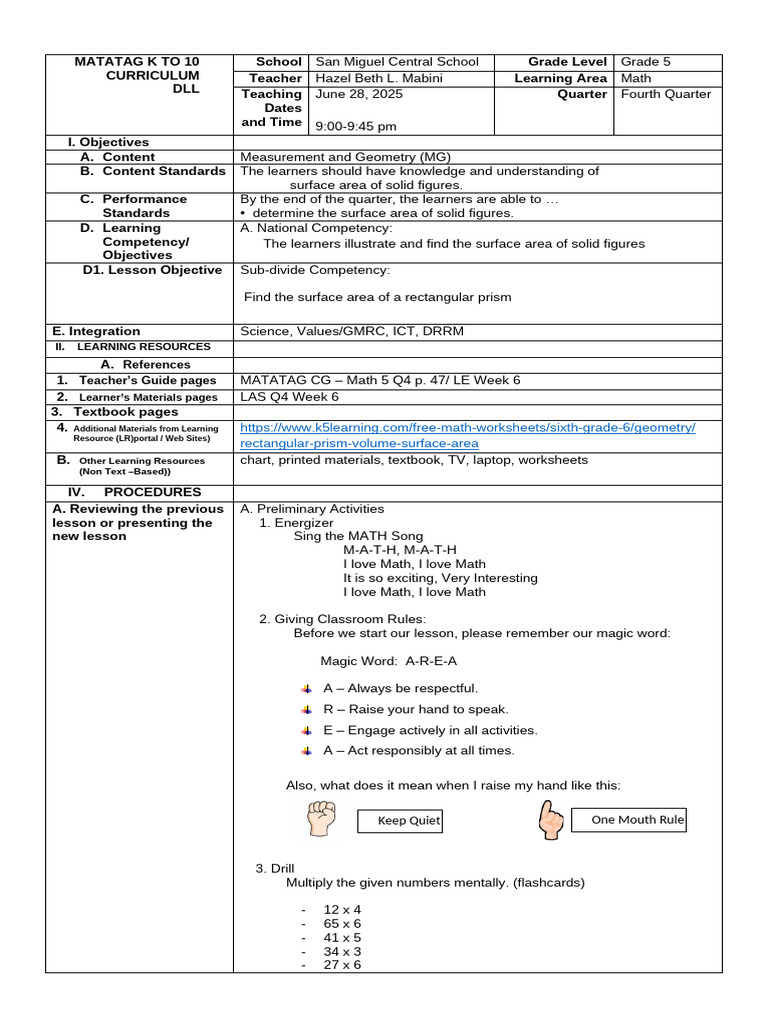 COT Quarter 4 CO Math Grade 5 | PDF | Area | Length