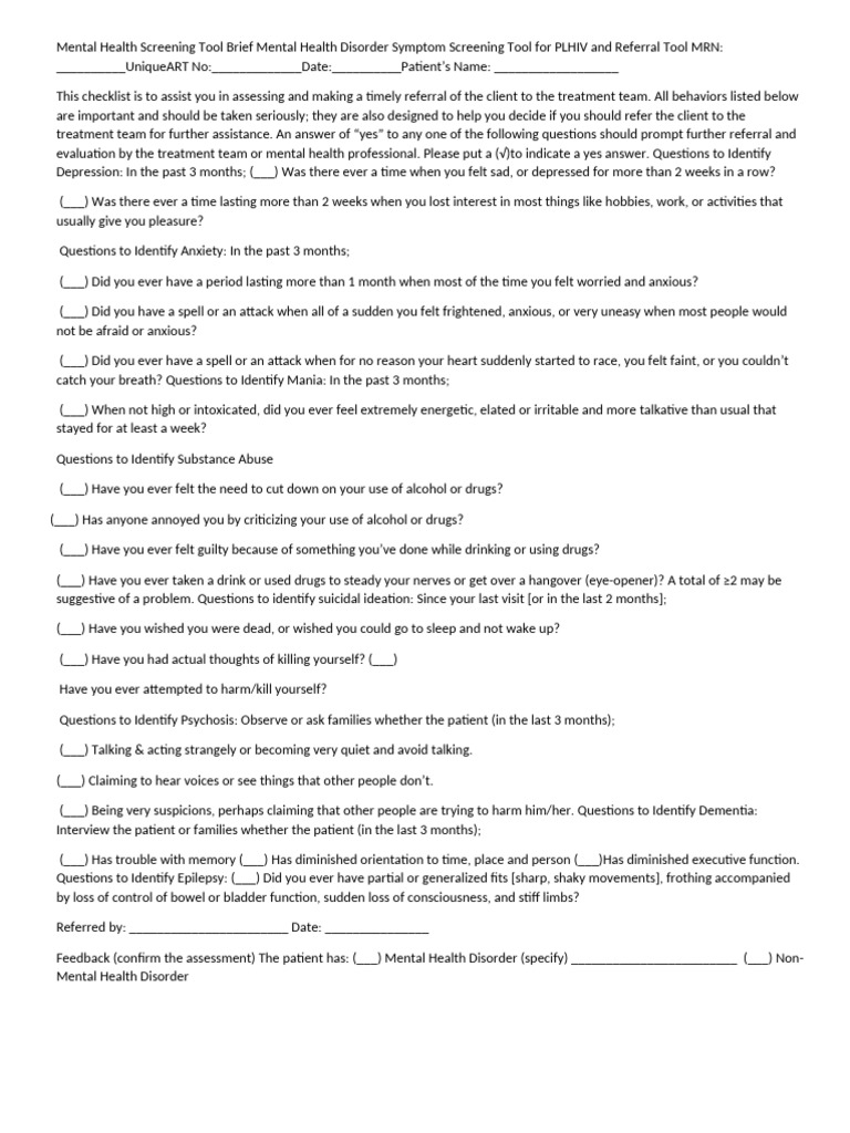 Mental Health Screening Tool | PDF | Anxiety | Psychology