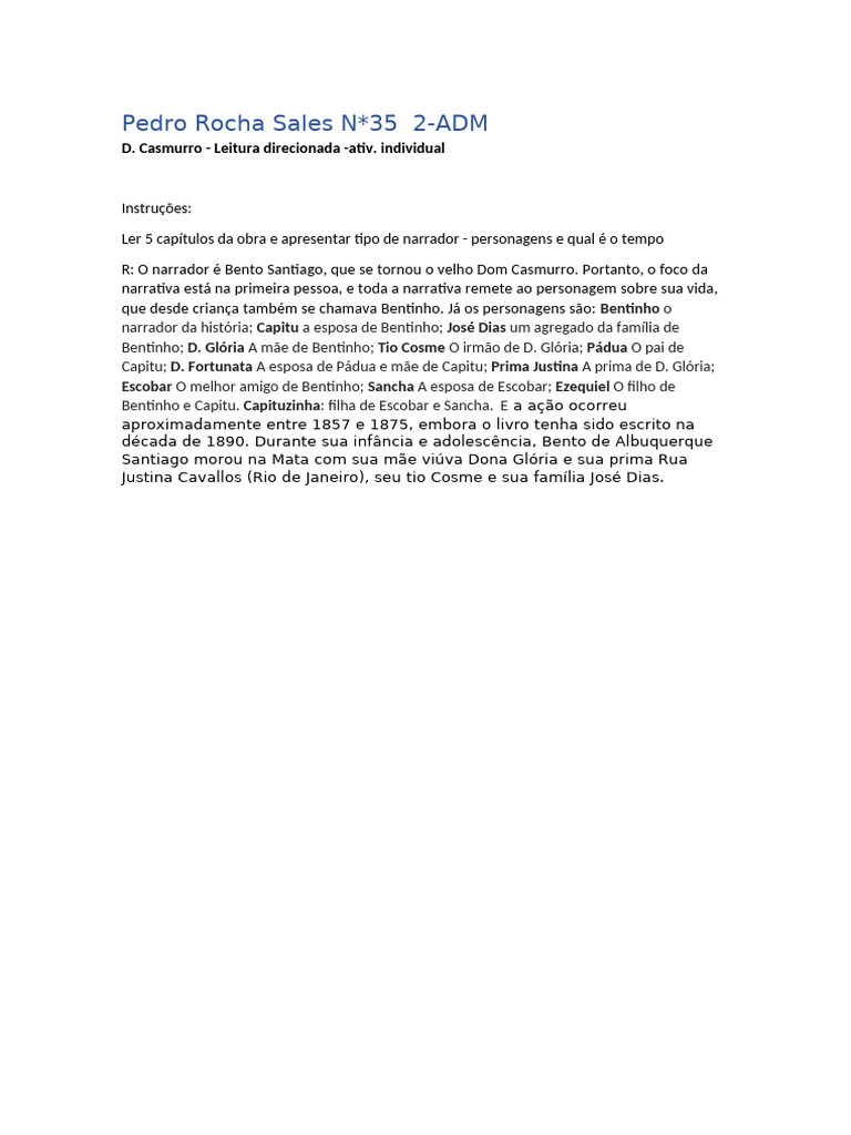 D. Casmurro - Leitura Direcionada - Ativ. Individual | PDF