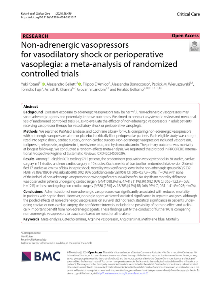 Non-Adrenergic Vasopressors Meta-Analysis | PDF | Randomized Controlled ...
