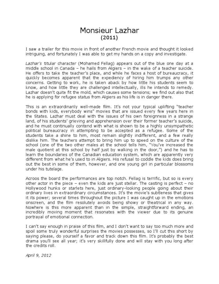 Monsieur Lazhar Movie Review | PDF | Leisure