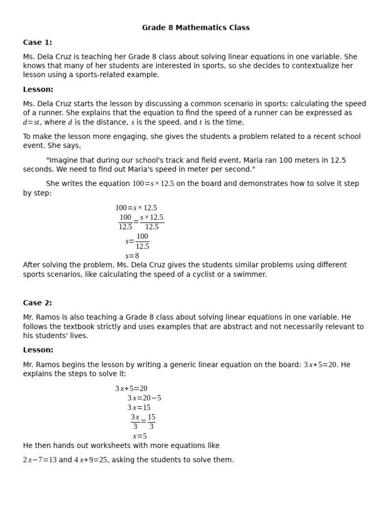 Grade 8 Mathematics Class Caselet | PDF