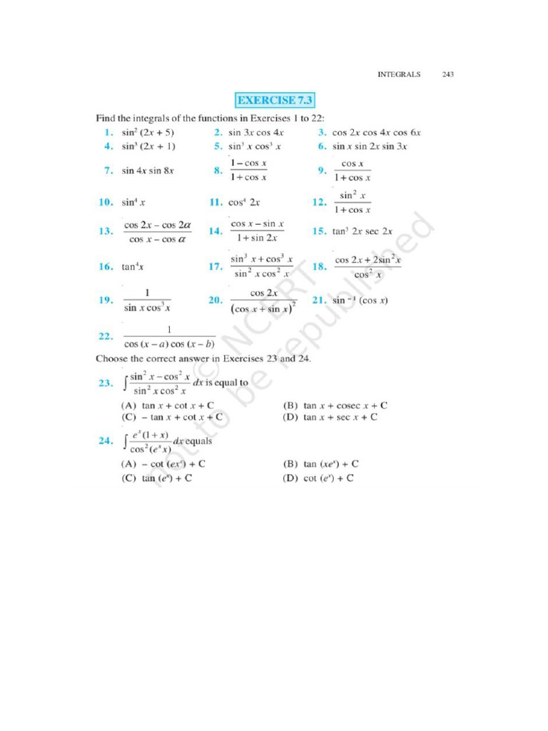 NCERT Class 12 Integrals Exercise 7.3 | PDF