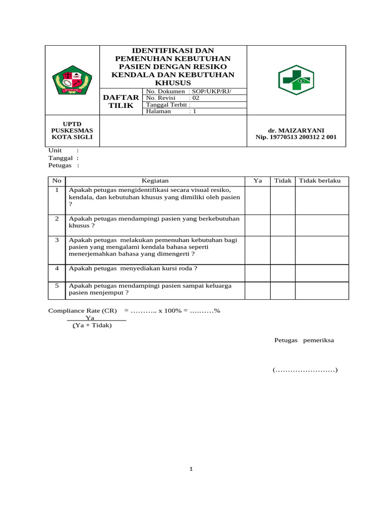 Daftar Tilik Identifikasi Dan Pemenuhan Pasien | PDF