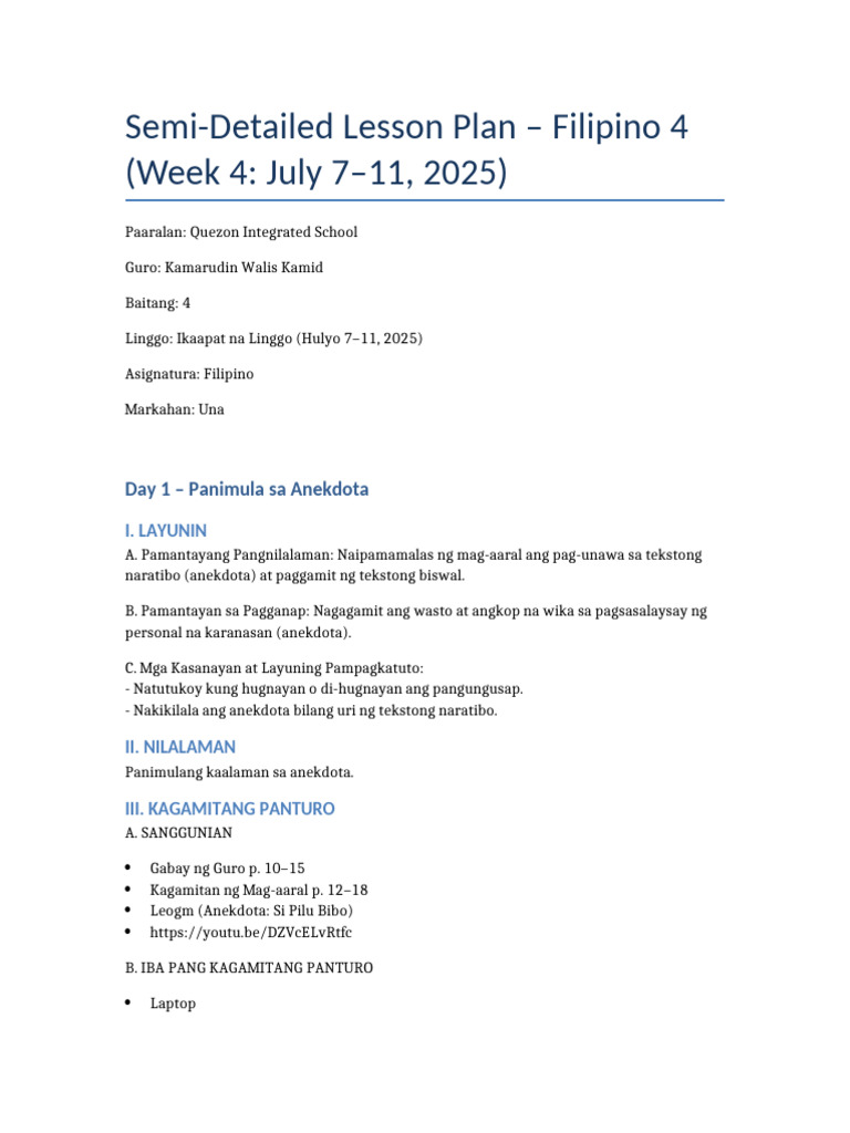 Semi Detailed Lesson Plan Filipino4 Week4 | PDF