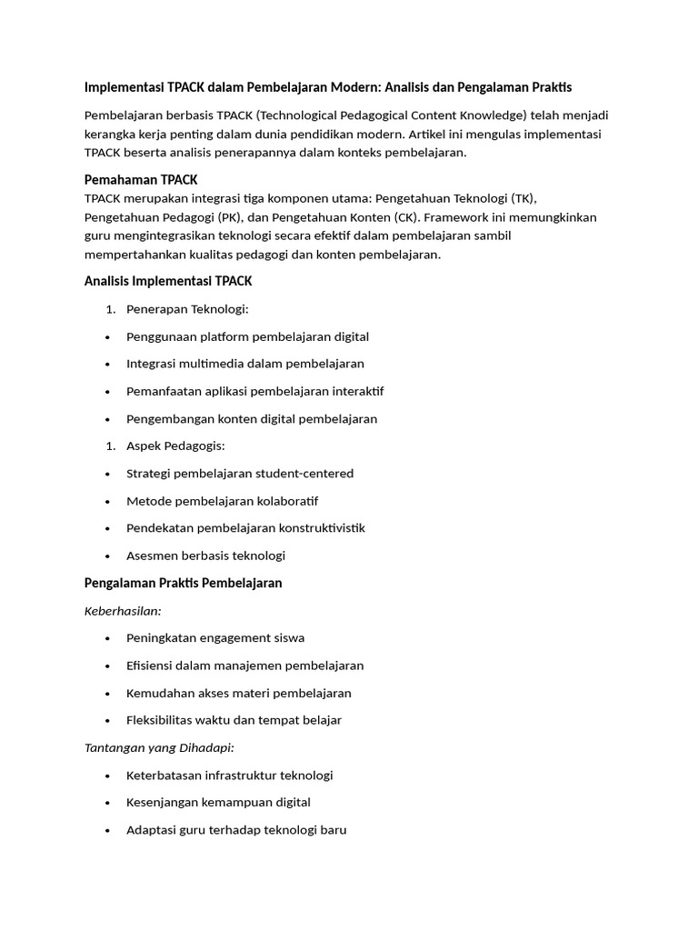 Implementasi TPACK Dalam Pembelajaran Modern | PDF