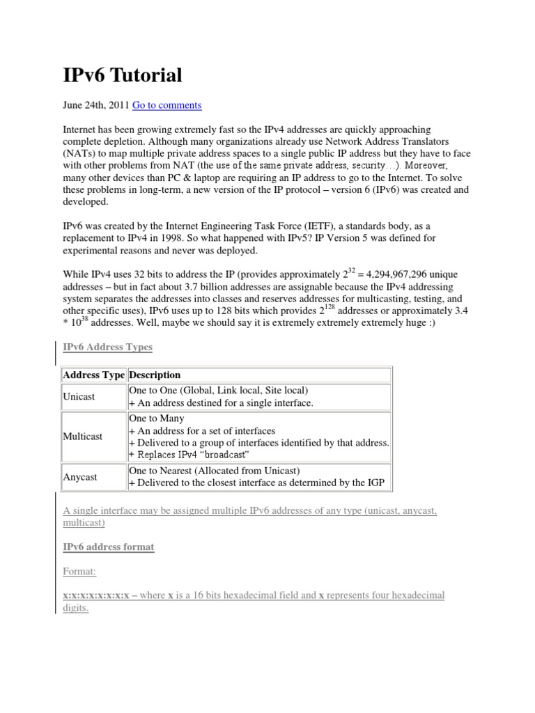 Ipv6 Tutorial: Go To Comments | PDF | I Pv6 | Ip Address