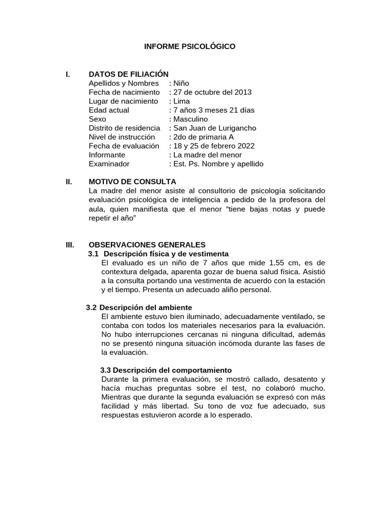 Informe Psicológico Wisc V - Completo | PDF | Cociente de inteligencia | Aprendizaje