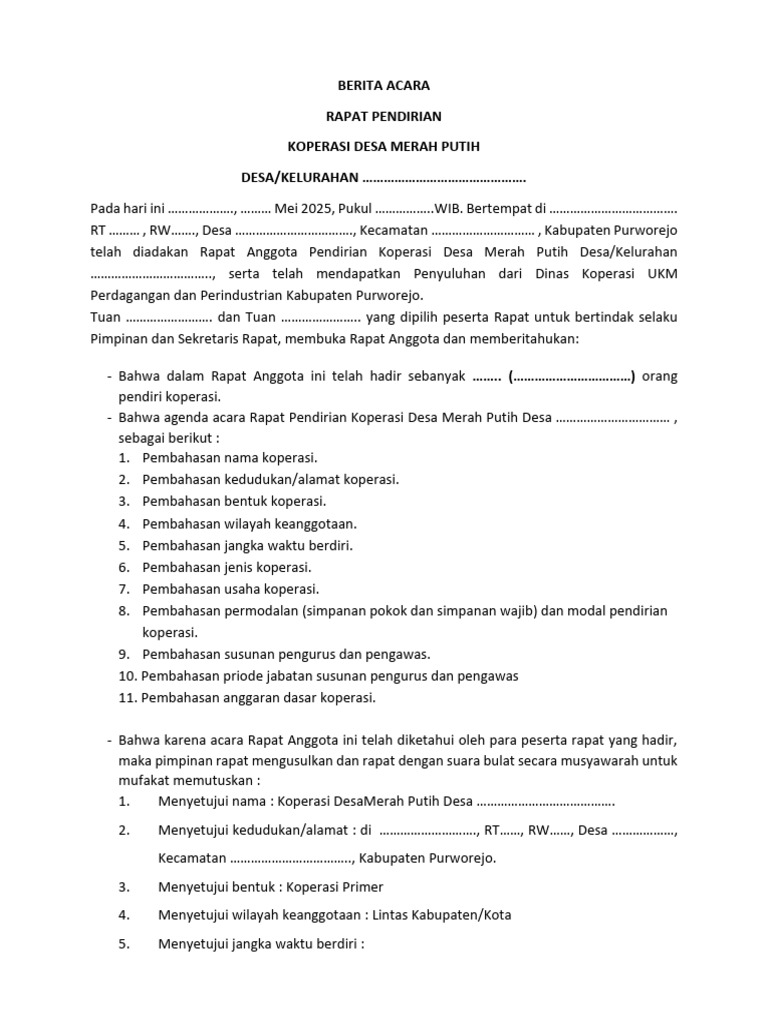 Berita Acara Rapat Koperasi Desa Merah Putih | PDF