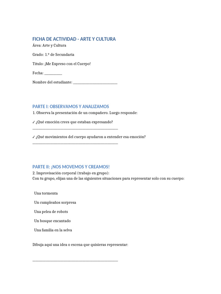 Ficha Actividad Expresion Corporal Arte Cultura | PDF