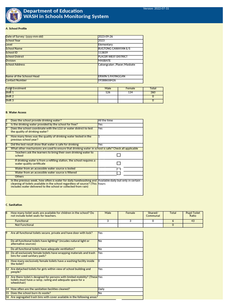 Bugtong Cawayan Es Wins Form - 2023-2024 | PDF | Hand Washing | Sanitation