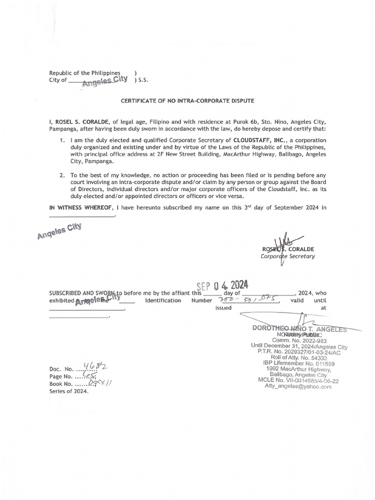 Certificate of No Intra-Corporate Dispute | PDF