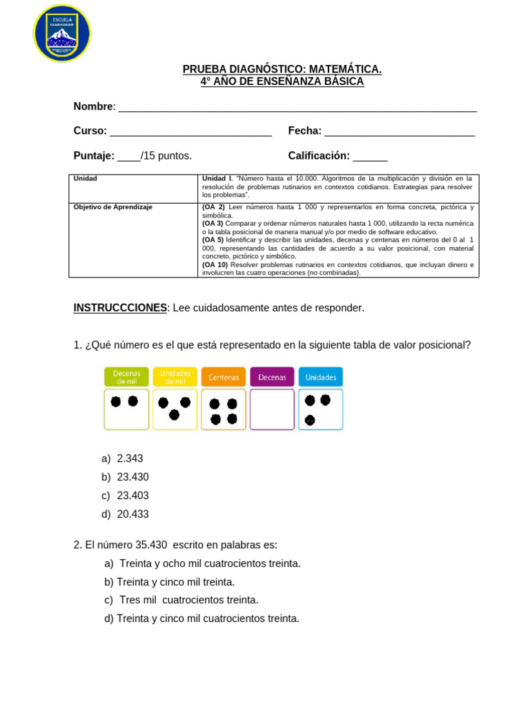 Prueba de Matemáticas 4° Básico | PDF