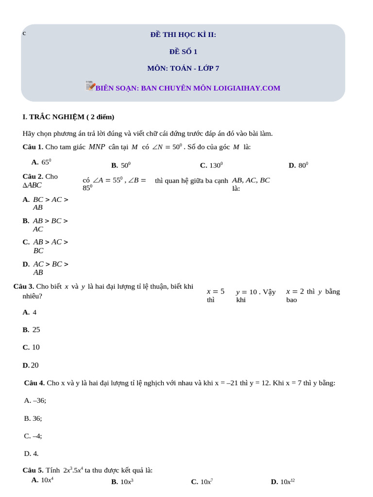 De Kiem Tra Hoc Ki 2 Toan 7 de So 1 Chan Troi Sang Tao 1680332310 | PDF