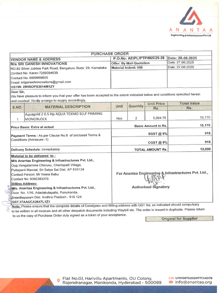Sri Ganesh Innovations Aeipl-Ptp-065!25!26 | PDF | Invoice