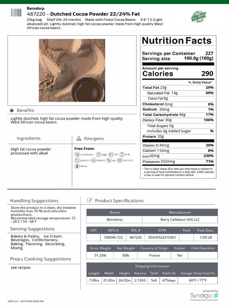 Bensdorp Dutched Cocoa Powder 22 24 Fat | PDF | Chocolate | Cocoa Solids