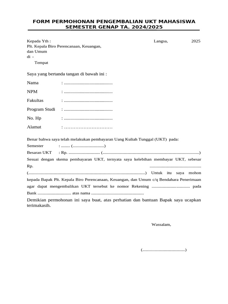 FORM PERMOHONAN PENGEMBALIAN Kelebihan Bayar UKT | PDF