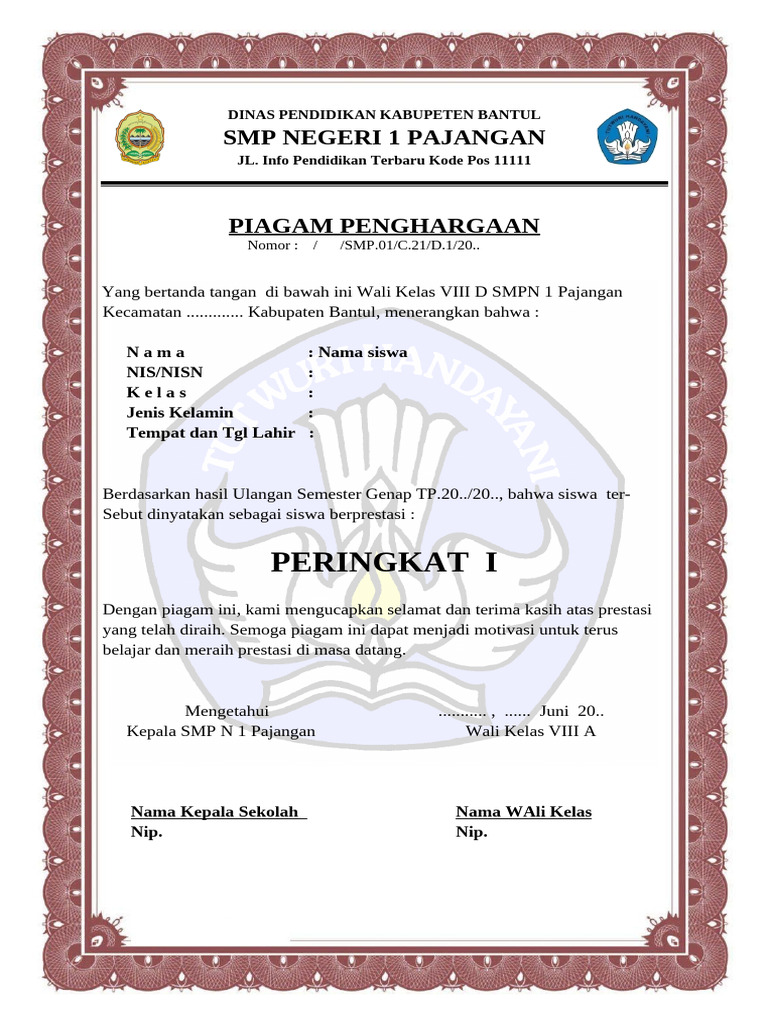 Template Piagam Penghargaan Juara Kelas #1 | PDF