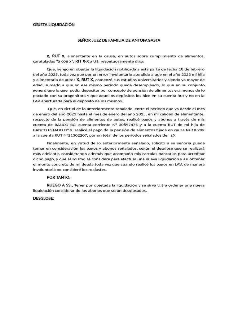 Objeta Liquidación - Formato Pago en Otra Cuenta | PDF