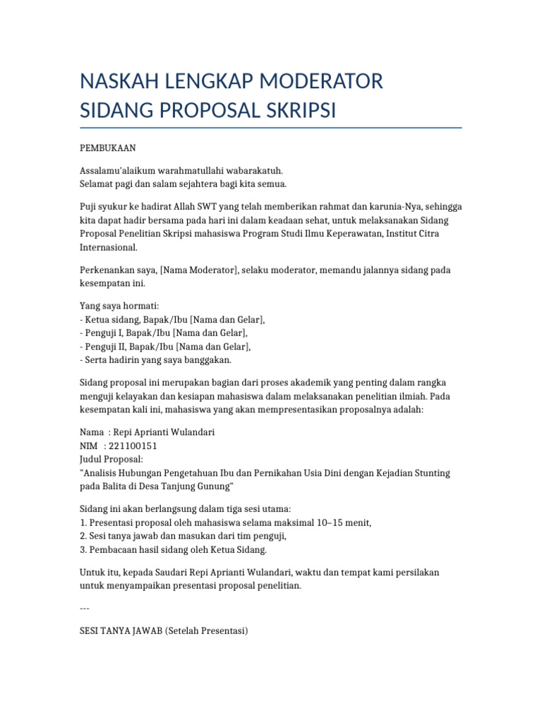 Naskah Moderator Sidang Proposal | PDF