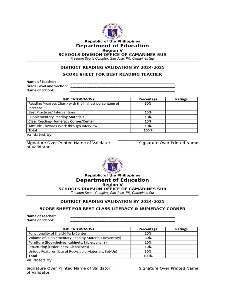 Score Sheets For District Reading Validation 1 | PDF | Cognitive Science | Written Communication