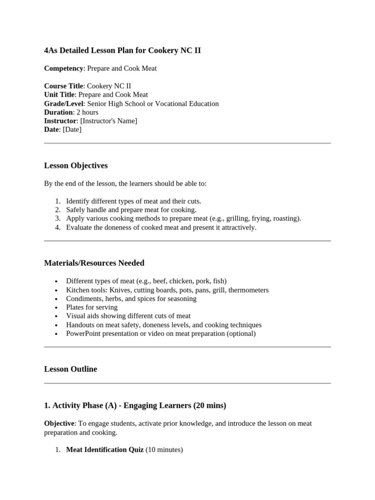 4as Detailed Lesson Plan For Cookery NC II | PDF | Cooking | Grilling