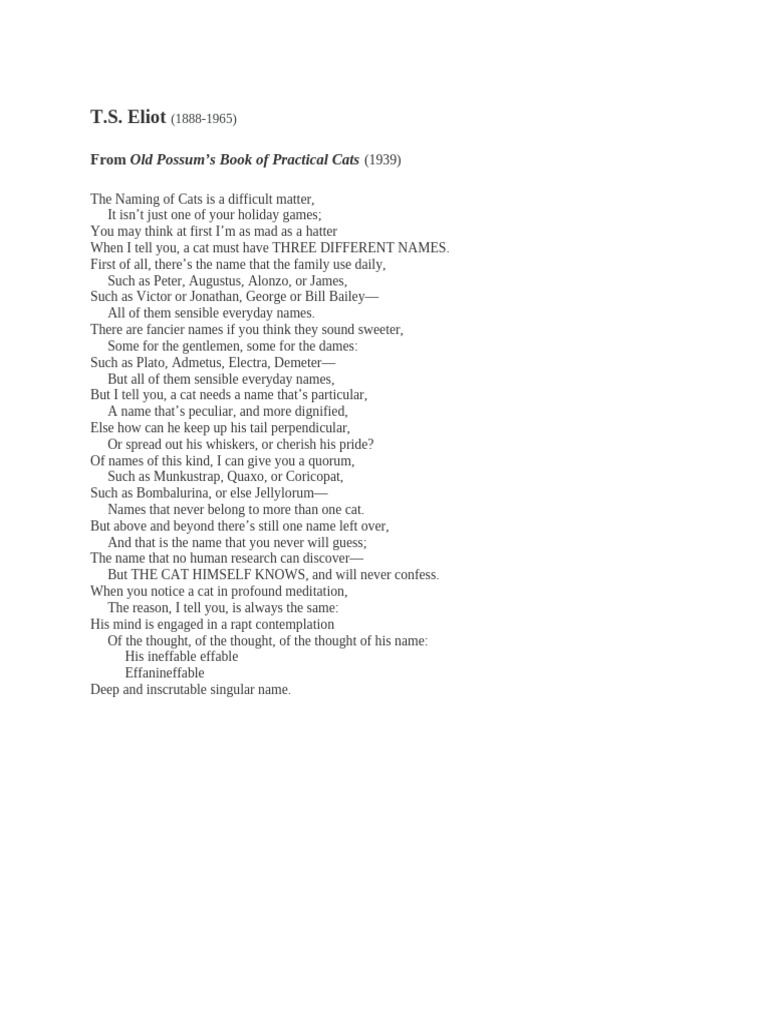 T.S. Eliot The Naming of Cats | PDF