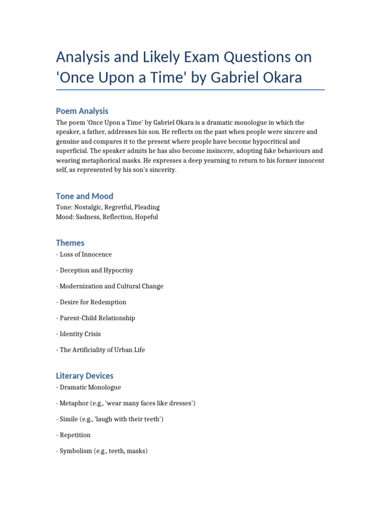 Exam Analysis of Okara's "Once Upon a Time" | PDF | Poetry