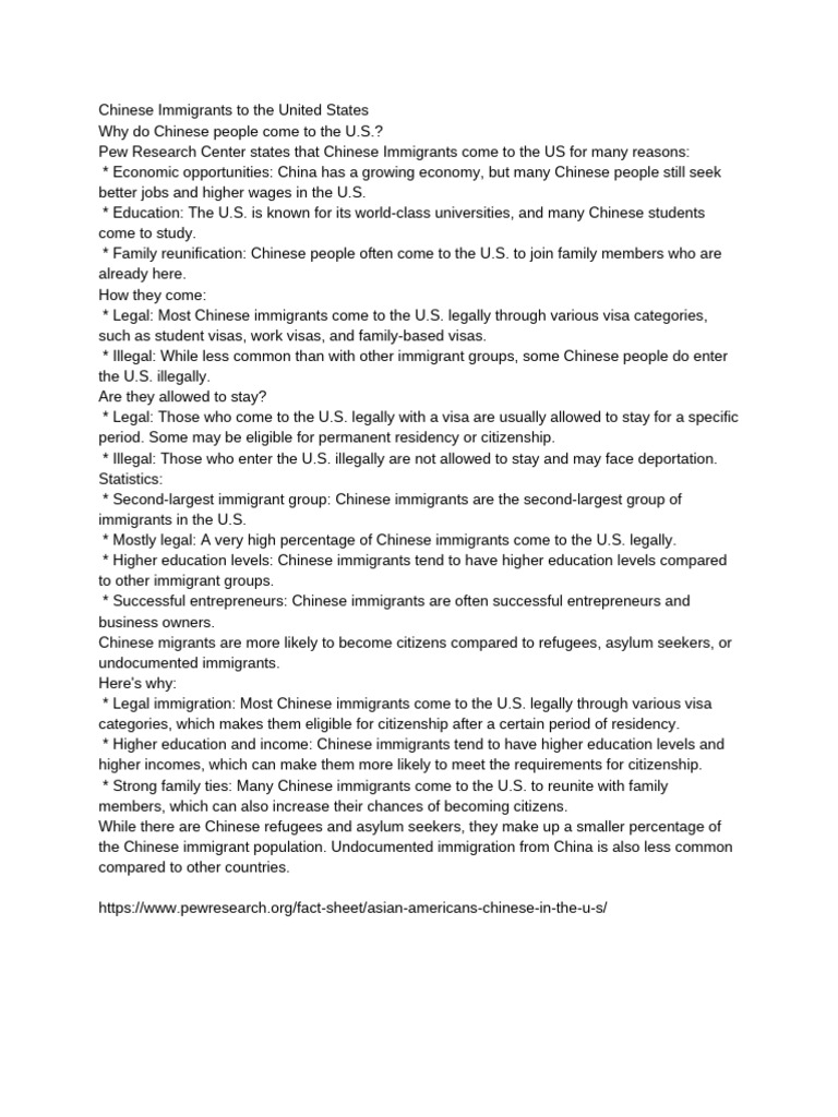 Reasons for Chinese Immigration to the U.S. | PDF