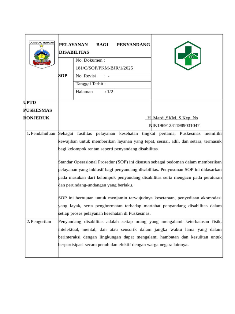 Sop Penyandang Disabilitas PKM Bonjeruk - Terbaru | PDF