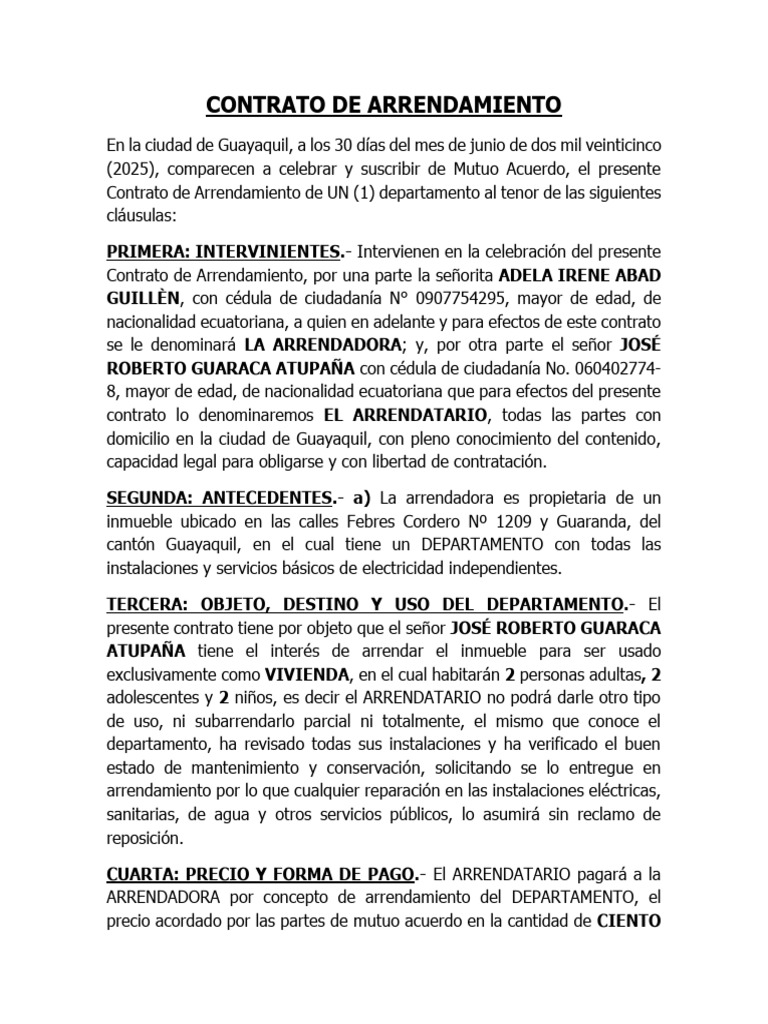 Contrato de Arrendamiento Sr. José Guaraca | PDF | Ley común