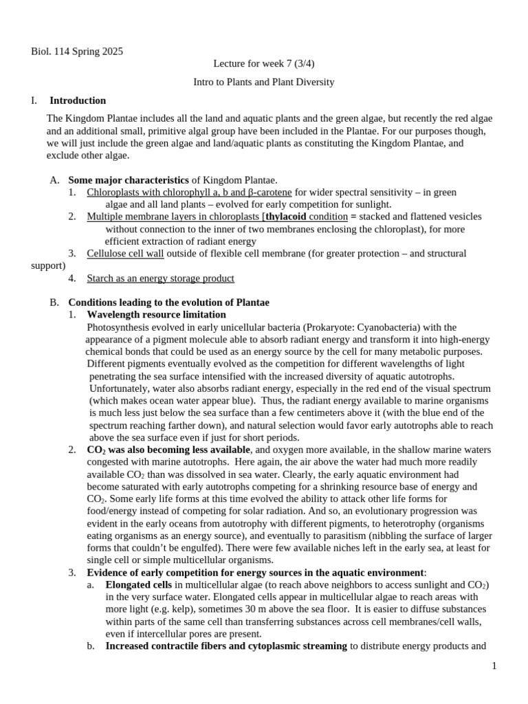 Lecture Week 7 (3-4) - Notes Intro To Plants and Plant Diversity | PDF ...