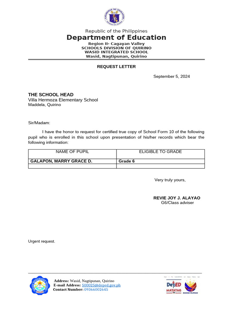 Request for School Form 10 Copy | PDF