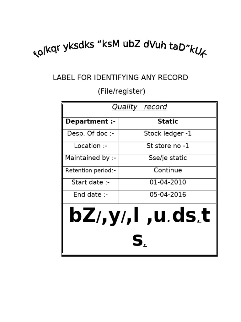 BZ, Y, L, U Ds T S: Label For Identifying Any Record (File/register) | PDF
