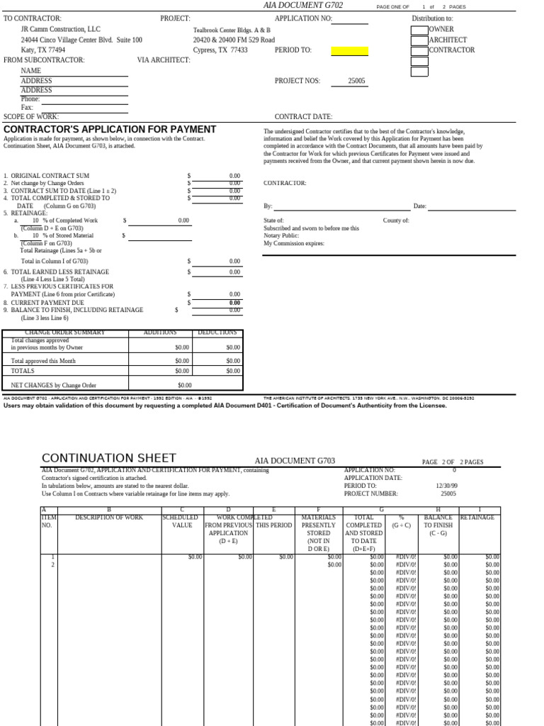 Example of G702 & G703 Pay Application | PDF