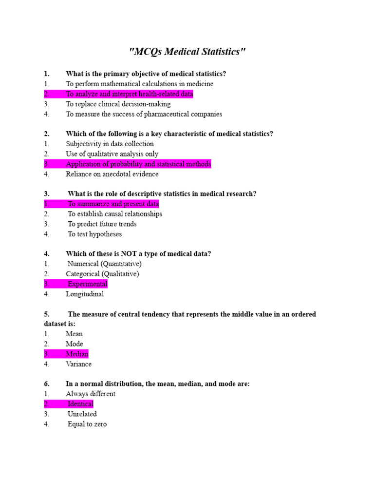 Medical Statistics MCQs and Answers | PDF | Statistics | Sampling ...