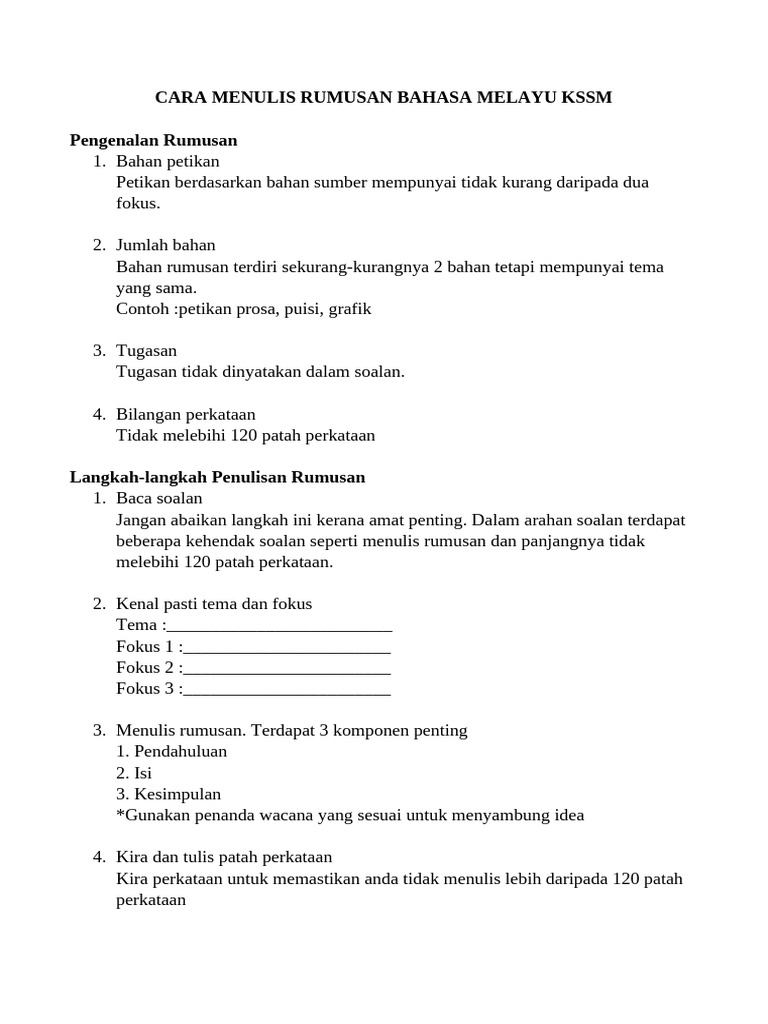 Cara Menulis Rumusan Bahasa Melayu KSSM | PDF