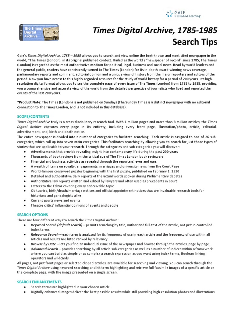 Times Digital Archive, 1785 1985: Search Tips | PDF | The Times ...