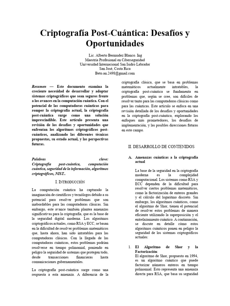 Criptografía Post Cuántica. Desafíos y Oportunidades | PDF ...