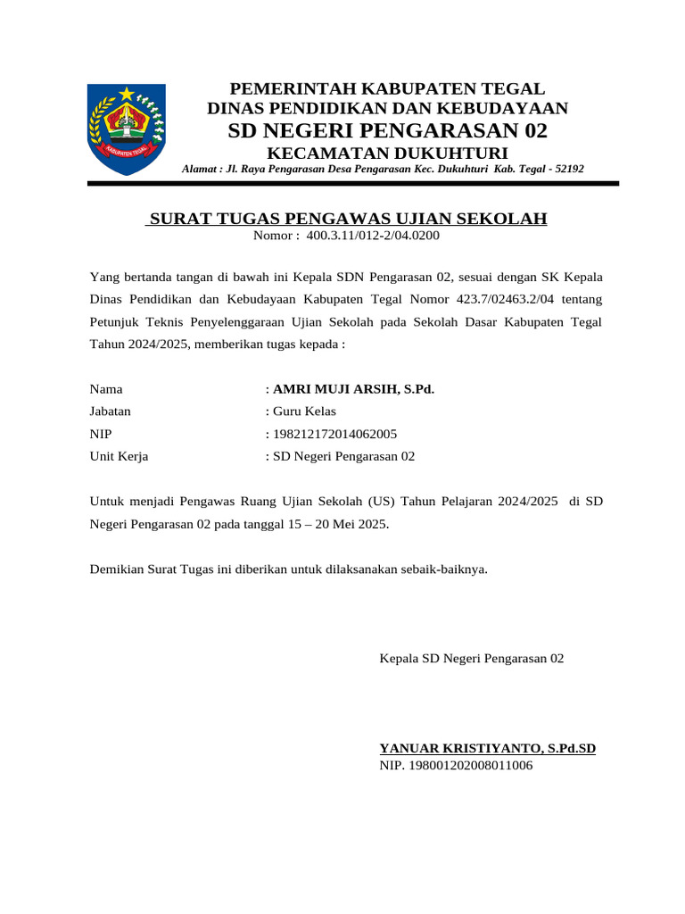Surat Tugas Pengawas Ujian Sekolah | PDF