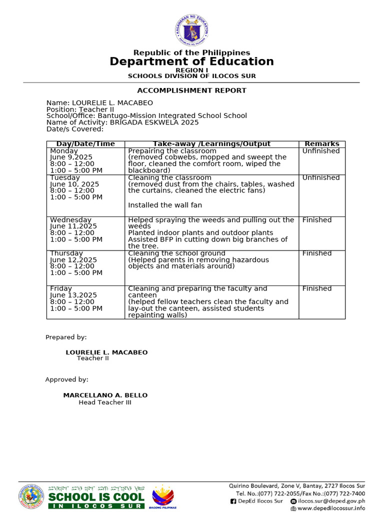 Brigada Eskwela 2025 Accomplishment Report | PDF