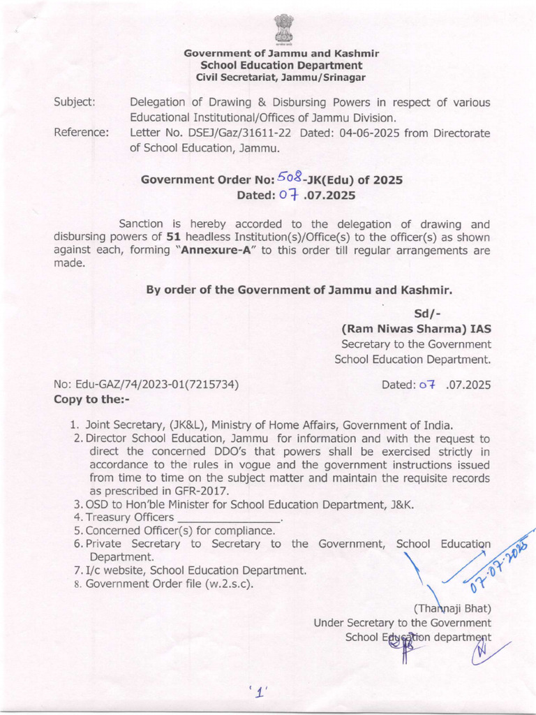 Govt. Order No.508-JK (Edu) of 2025 Dated 07.07.2025 - Compressed | PDF