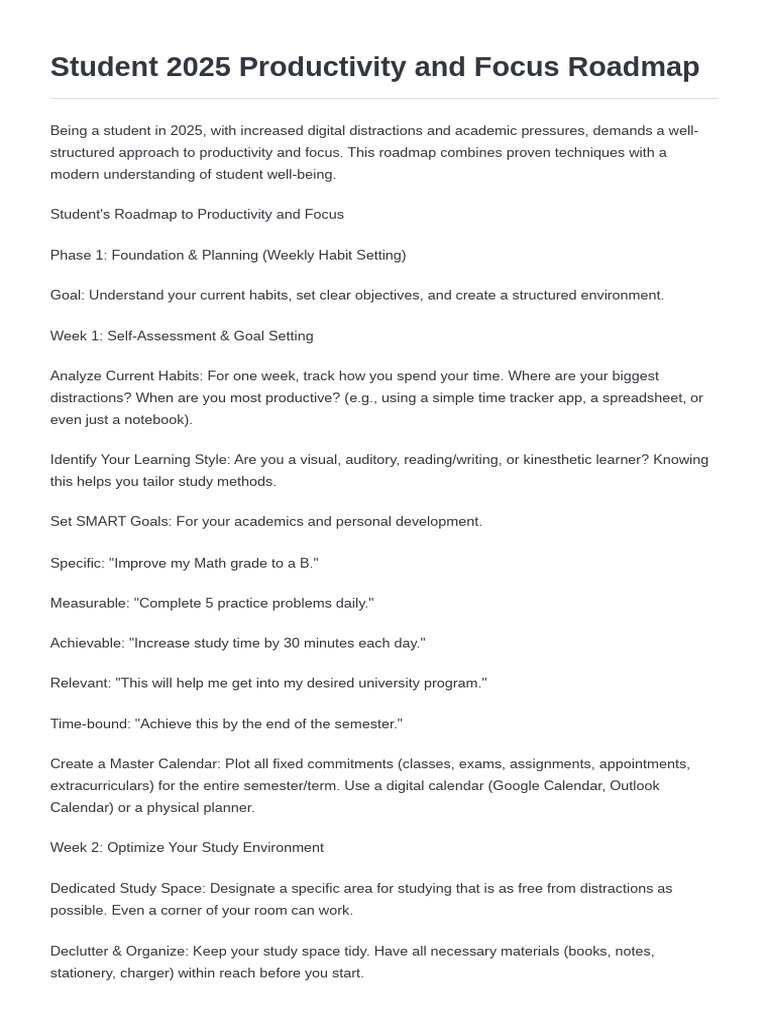 Student 2025 Productivity and Focus Roadmap | PDF | Cognition | Psychology